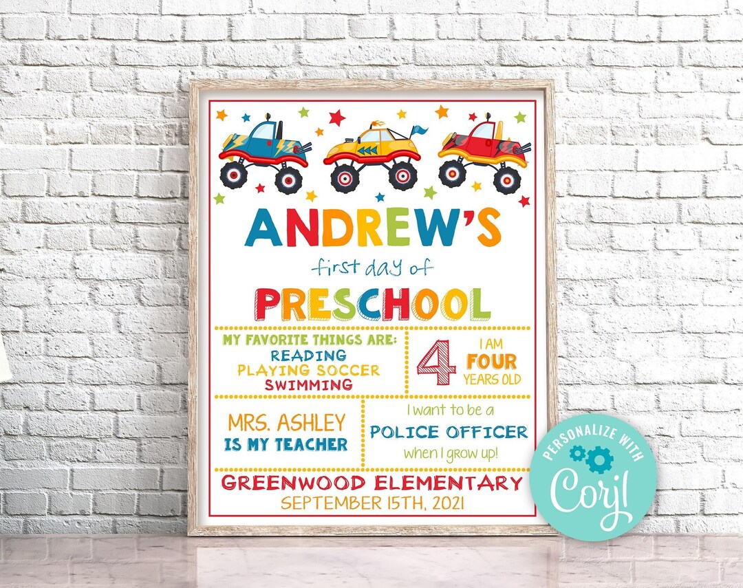 Editable First Day of Preschool Sign, Monster Truck First Day of School ...