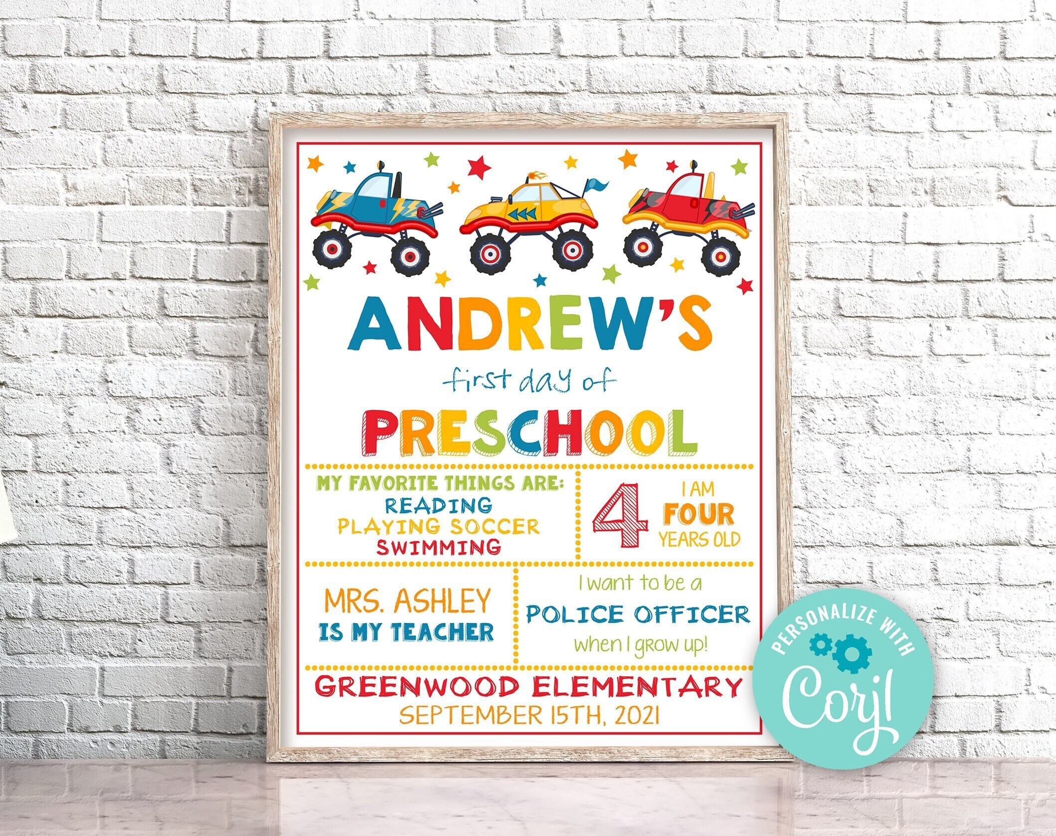 Editable First Day of Preschool Sign Monster Truck First Day | Etsy