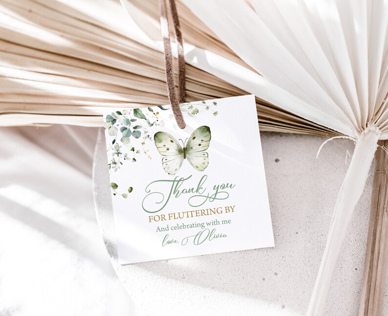 EDITABLE Sage Green Butterfly Birthday Favor Tag Greenery - Etsy