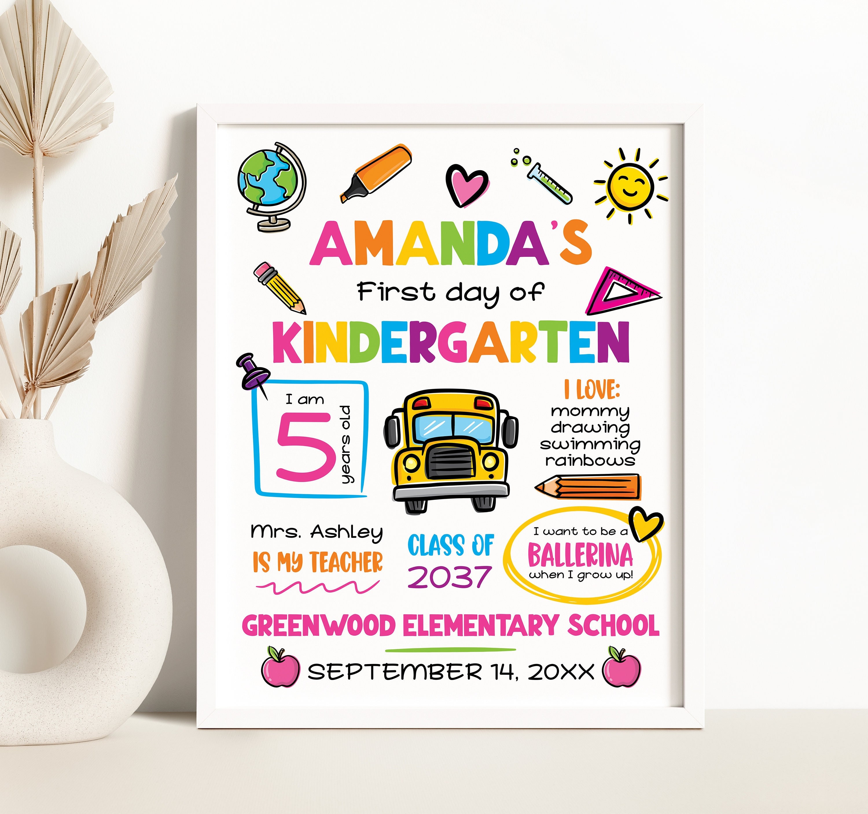 Editable Back to School Sign First Day of Kindergarten Sign Girly ...