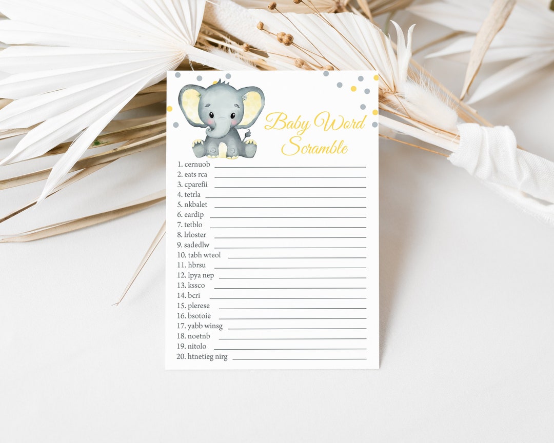 Yellow Elephant Word Scramble Baby Shower Game Elephant Baby Shower ...