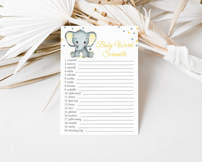 Yellow Elephant Word Scramble Baby Shower Game Elephant Baby - Etsy