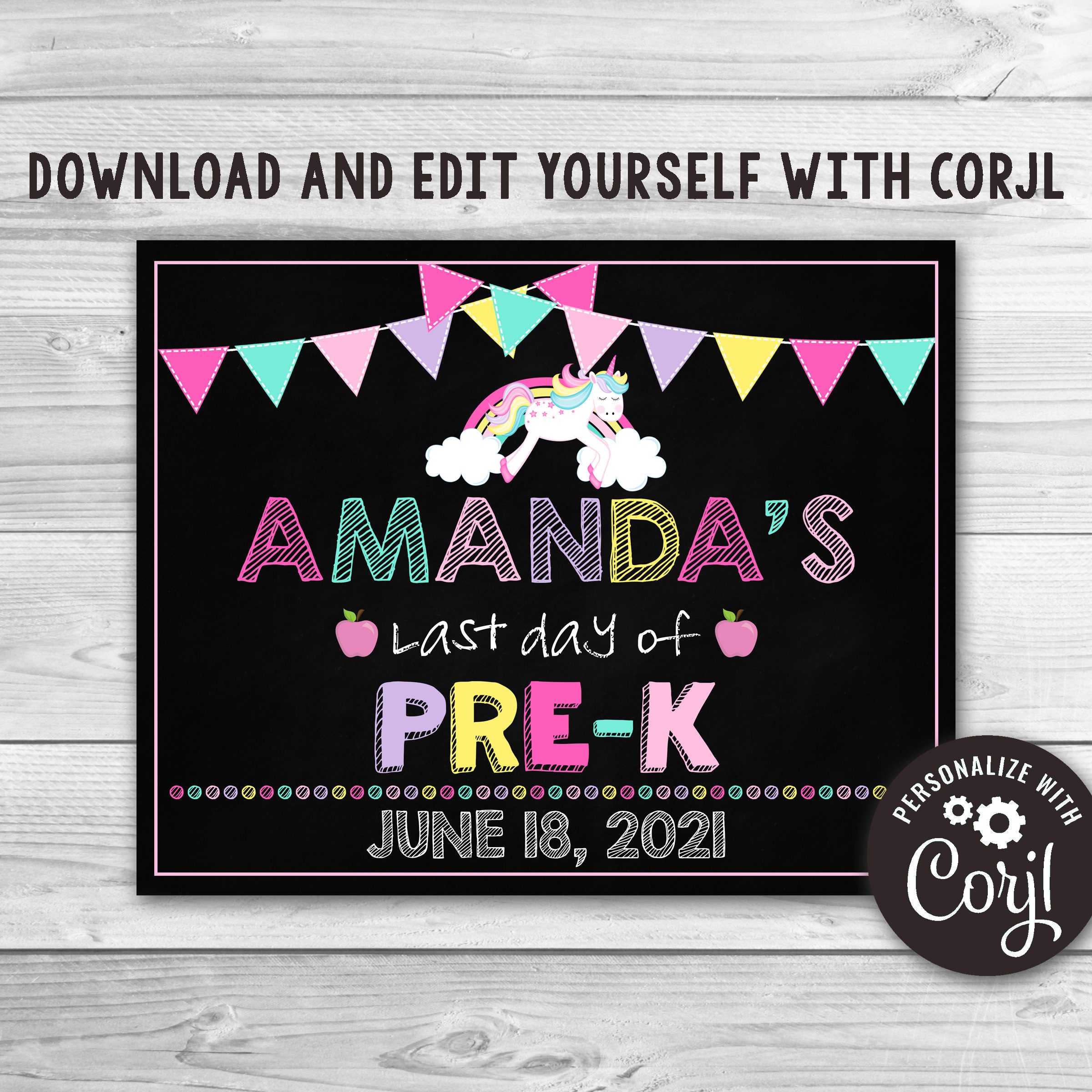Editable Last Day of Pre-k Sign Unicorn Last Day of School - Etsy