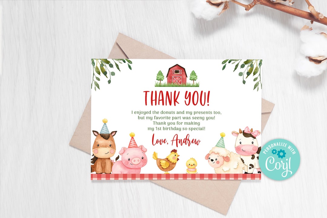 Editable Farm Thank You Card, Red Farm Birthday Party Thank You, Farm ...