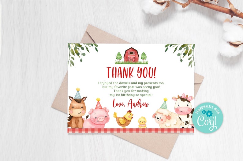 Editable Farm Thank You Card Red Farm Birthday Party Thank - Etsy