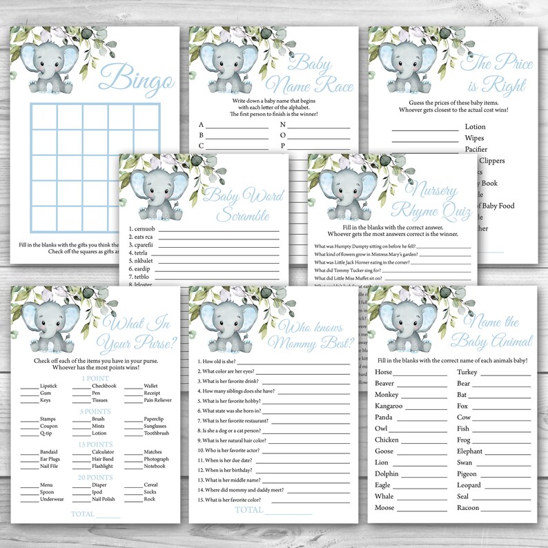 Blue Elephant Baby Shower Game Package 8 Printable Elephant | Etsy