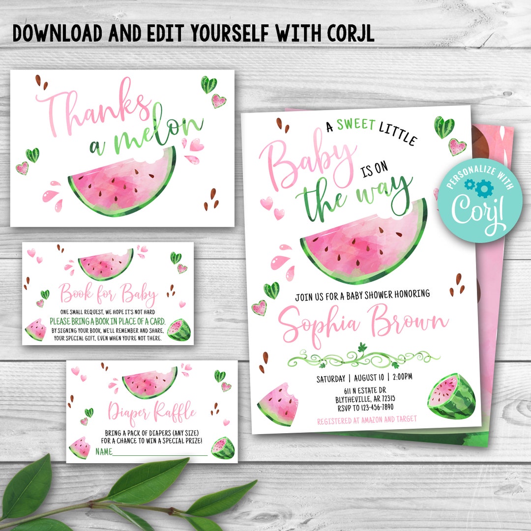 Editable Watermelon Baby Shower Invitation Set, Pink Watermelon Baby ...
