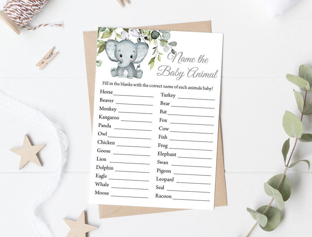 Grey Elephant Name the Baby Animal Baby Shower Game Gender Neutral ...