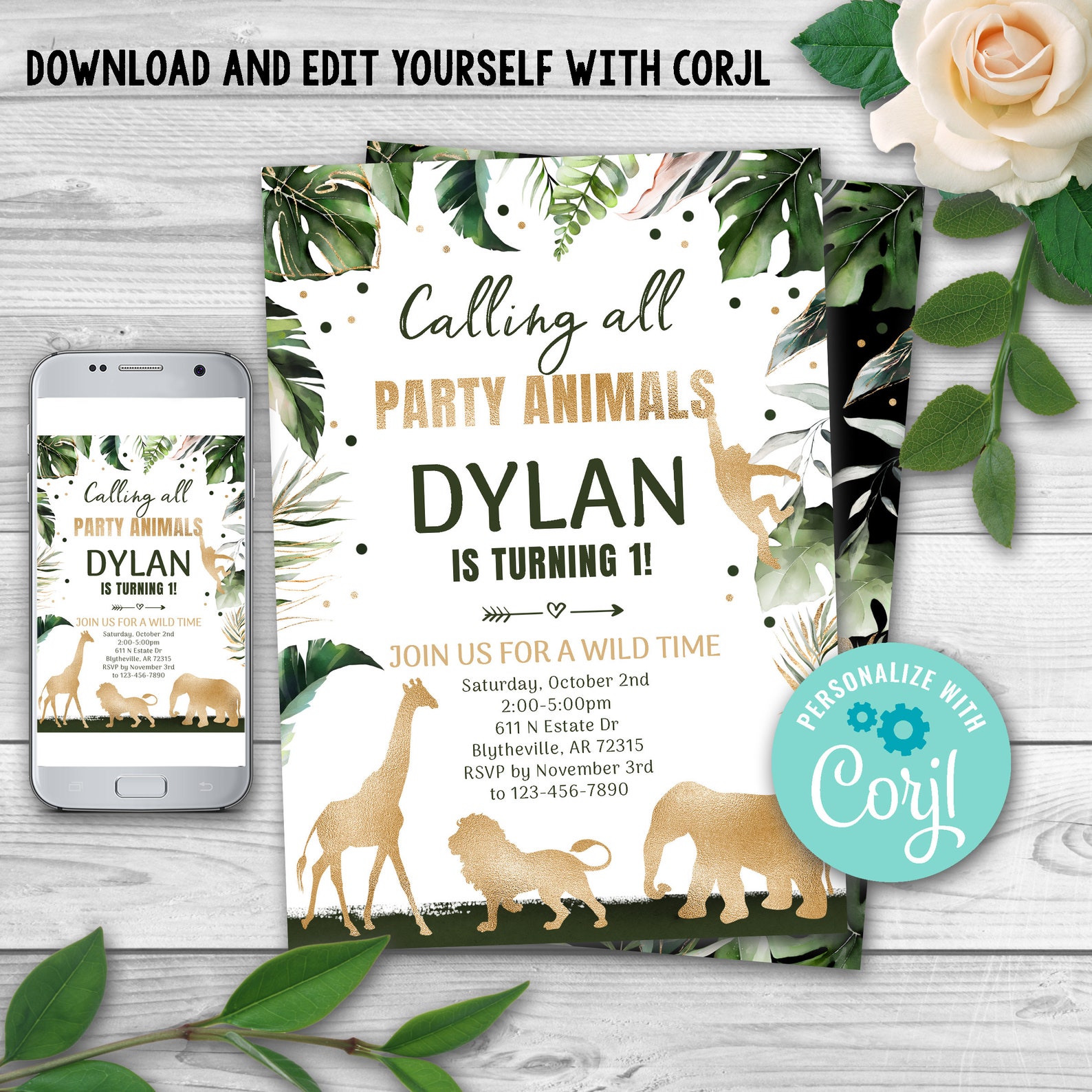 EDITABLE Gold WILD Animal Invitations, Jungle Birthday Invitation ...