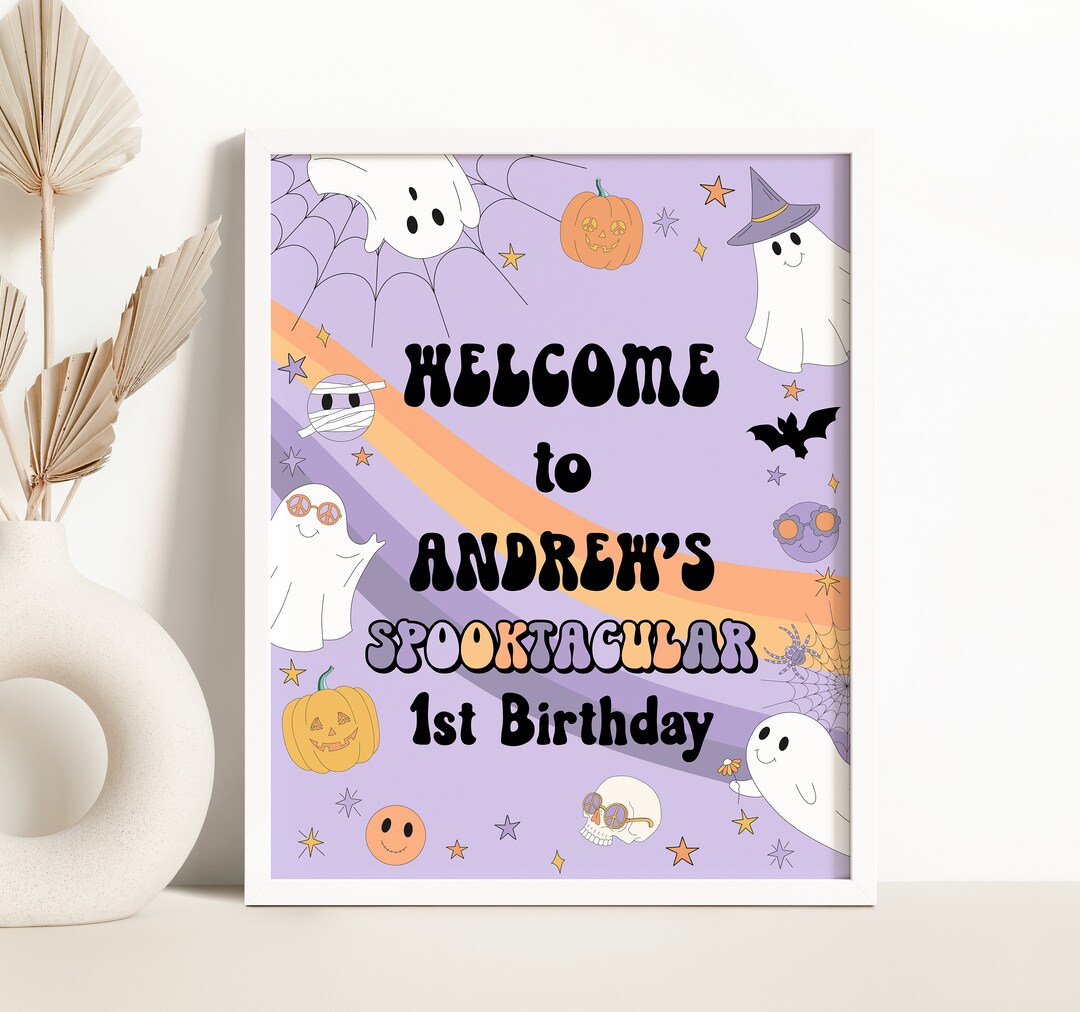 Editable Groovy Retro Halloween Birthday Welcome Sign Hippie Halloween ...