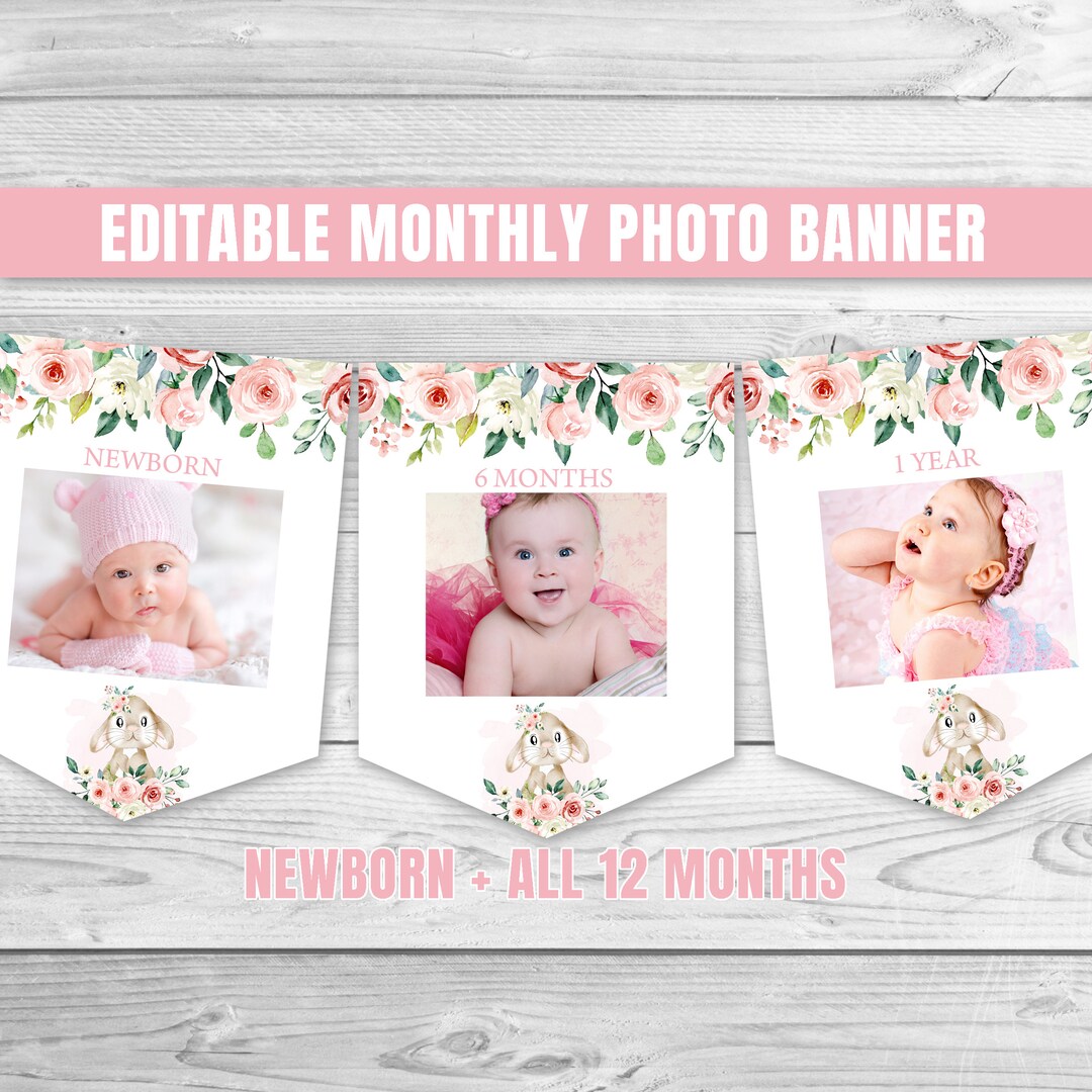 Editable Bunny Birthday Monthly Photo Banner Pink Floral Bunny 1st ...