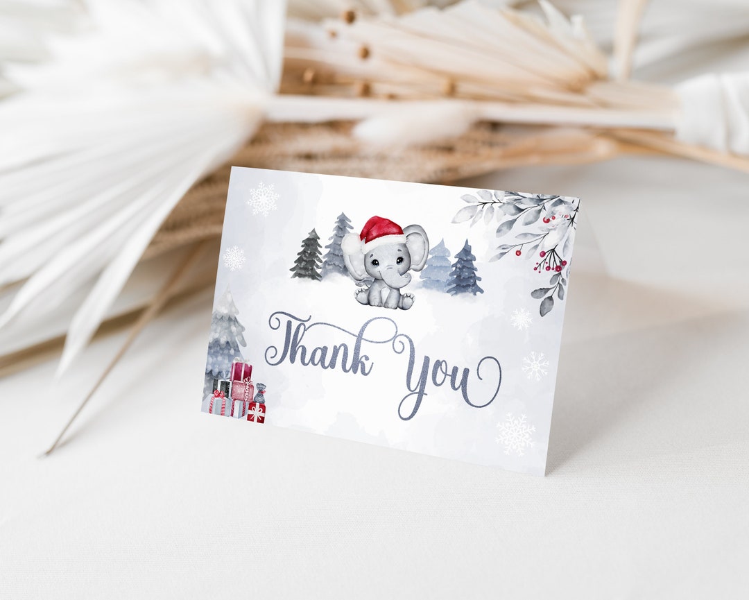 Editable Winter Elephant Thank You Folded Card Snowflake Elephant Thank ...