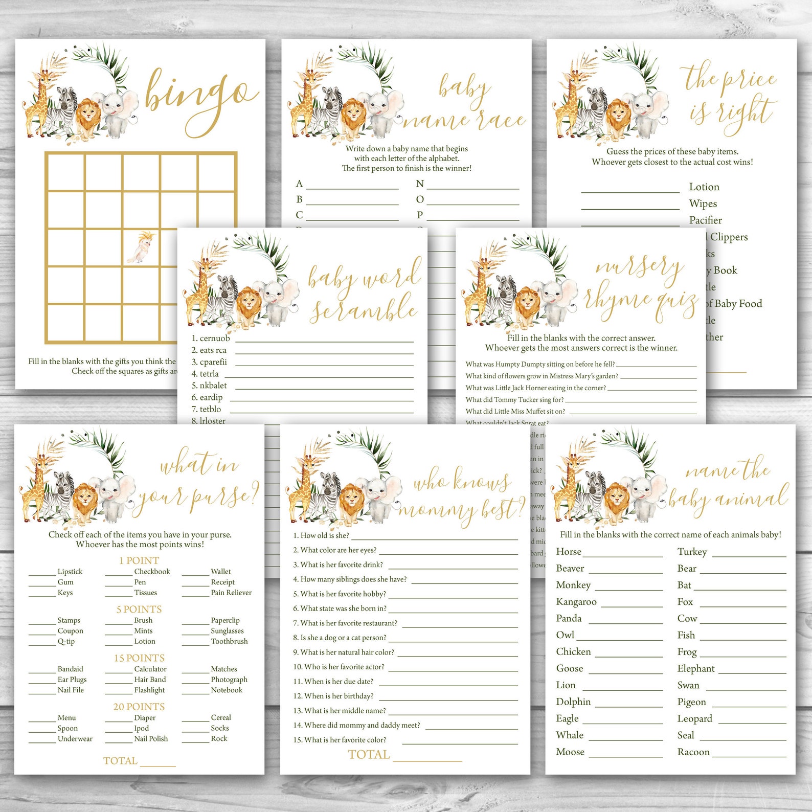 Wild Animals Baby Shower Game Package 8 Printable Safari - Etsy