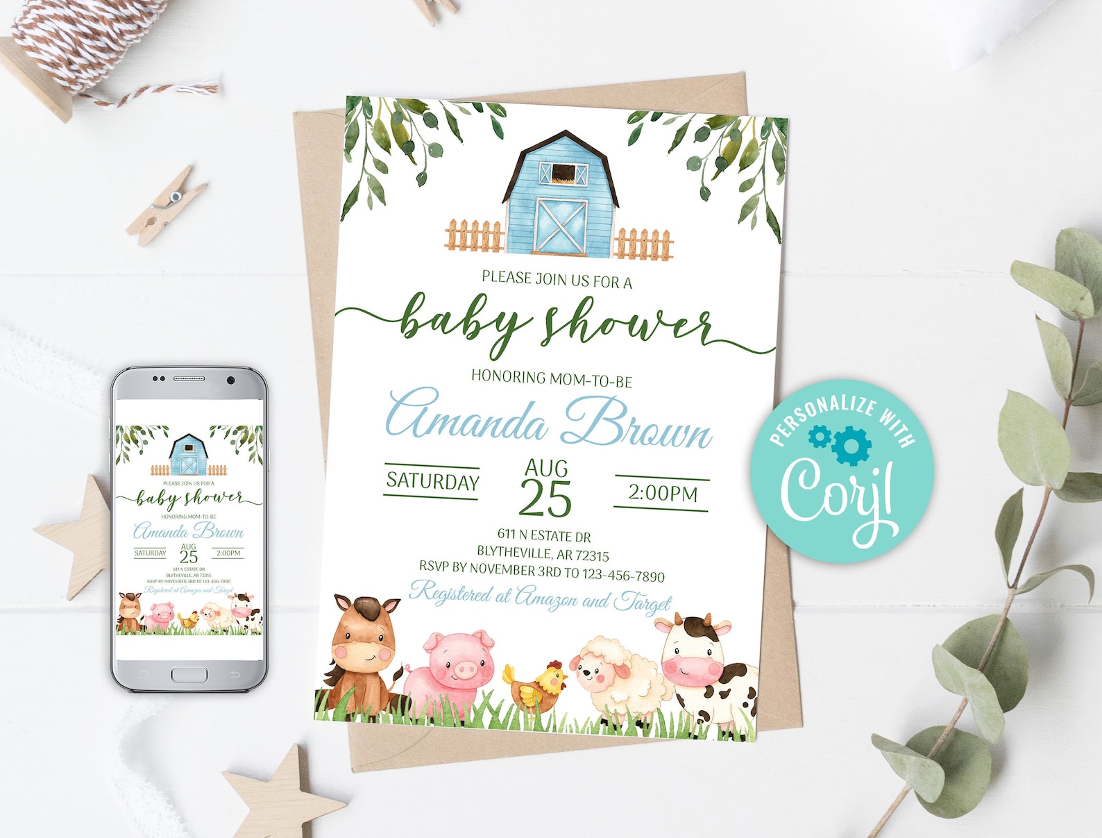 Editable Farm Baby Shower Invitation Blue Farm Animals Baby Shower ...