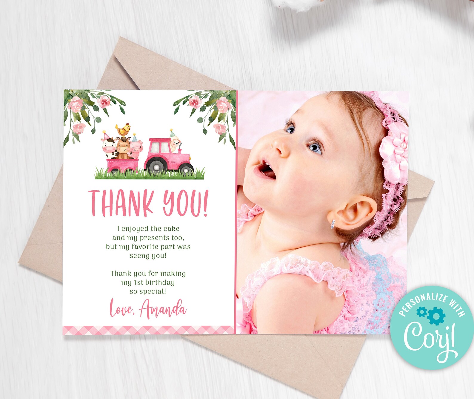 Editable Farm Thank You Card, Pink Farm Birthday Party Thank You, Farm ...