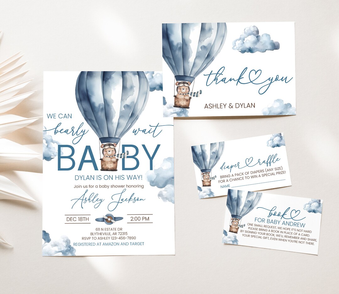 EDITABLE Boy Bear We Can Bearly Wait Invitation Set Bear Hot Air ...
