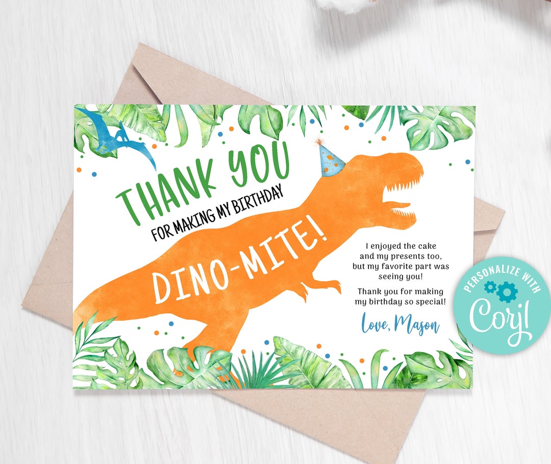 EDITABLE Watercolor Dinosaur Thank You Card, Dinosaur Birthday Thank ...