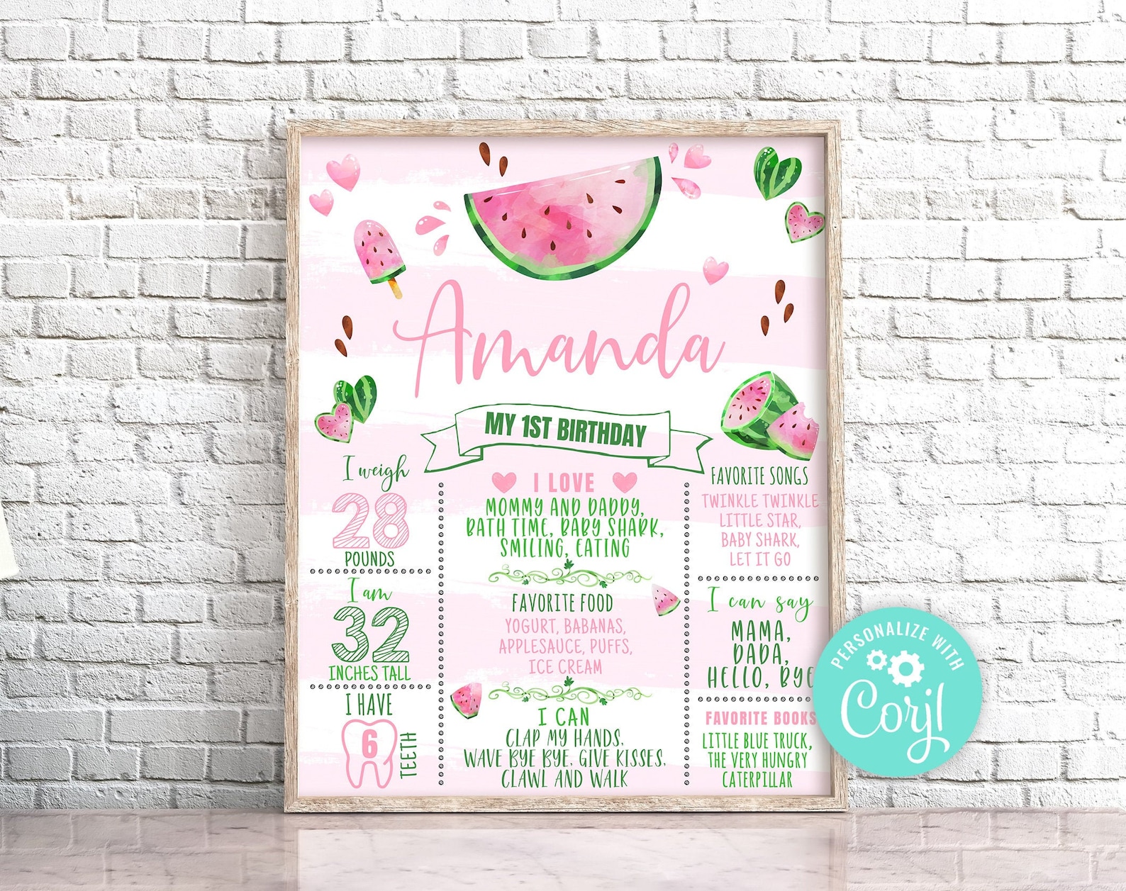 Editable Watermelon Milestone Birthday Poster, Pink Watermelon First ...
