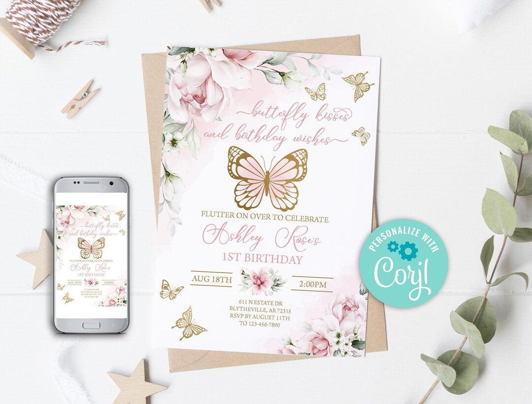 Editable Pink Gold Butterfly Birthday Invitation Butterfly Invitation ...