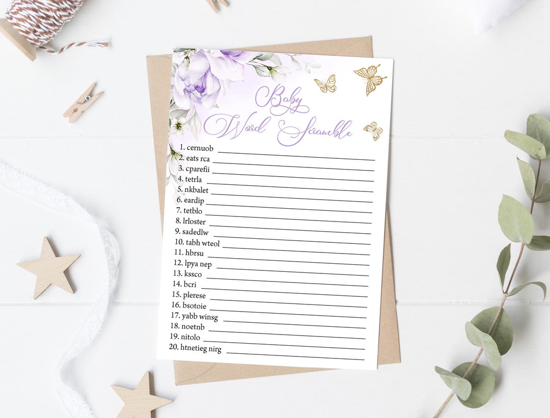 Butterfly Word Scramble Baby Shower Game Purple Floral Butterfly Baby ...