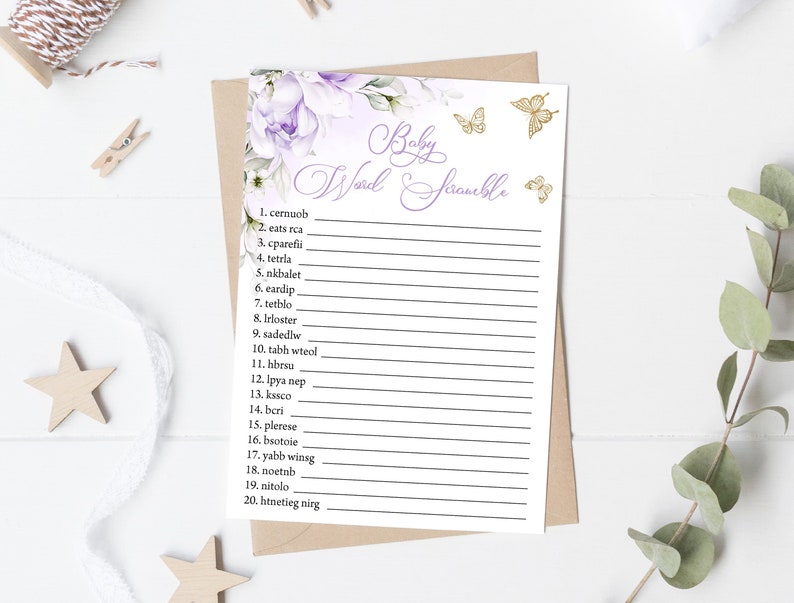 Butterfly Word Scramble Baby Shower Game Purple Floral - Etsy
