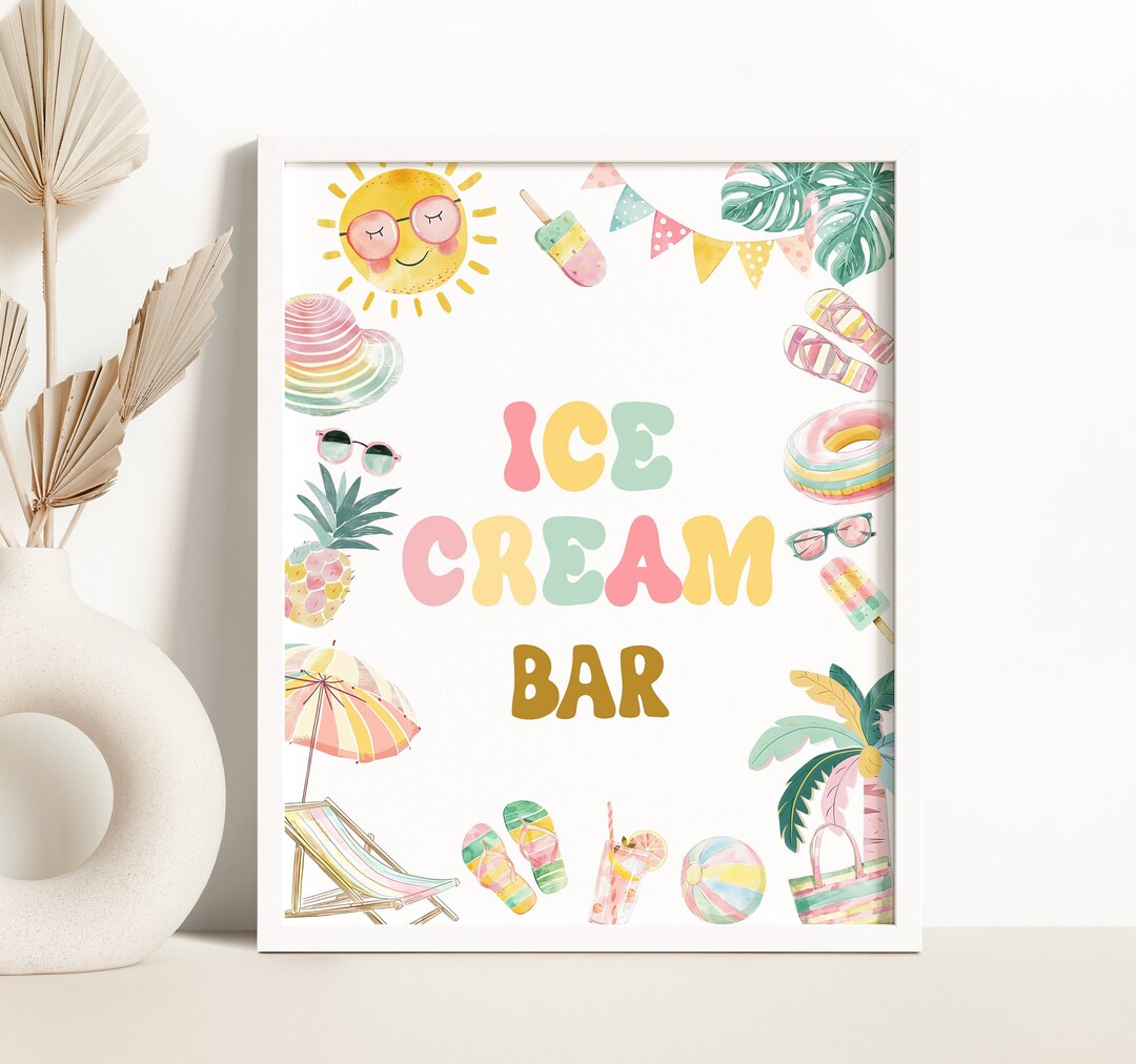 Pool Party Ice Cream Bar Table Sign Tropical Splish Splash Pool Party ...