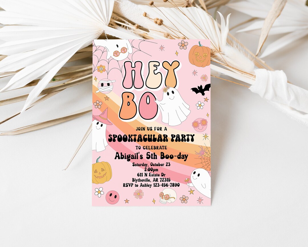 Editable Halloween Hey Boo Ghost Invitation Pink Retro Groovy Rainbow ...