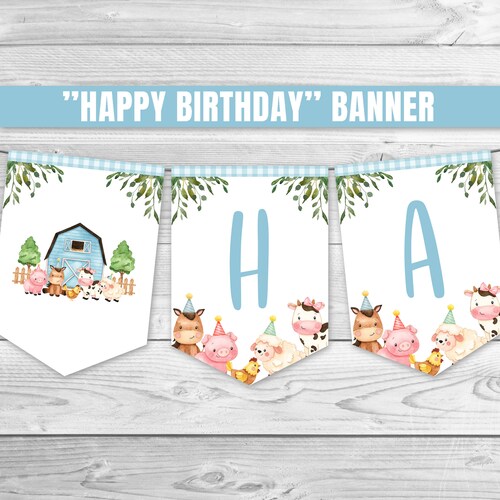 Happy Birthday Banner Farm Animals Birthday Banner Blue Farm - Etsy