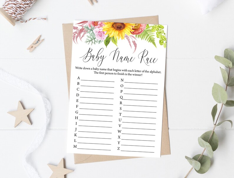 Rustic Sunflower Baby Name Race Baby Shower Game Sunflower Baby Name ...
