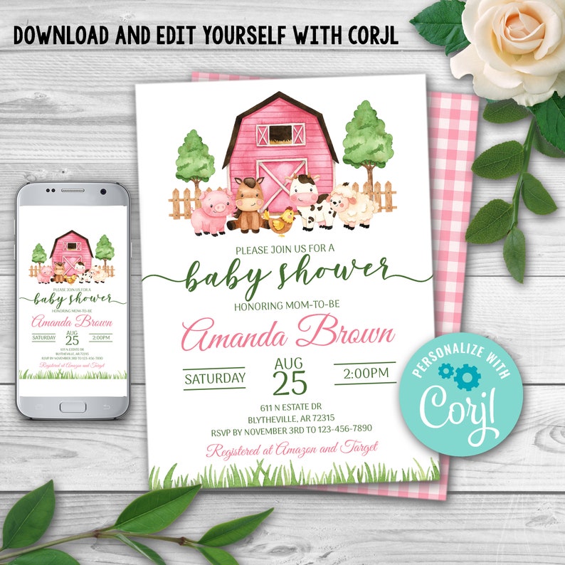 Editable Farm Baby Shower Invitation. Pink Farm Animals Baby - Etsy