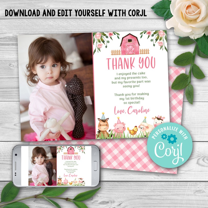 Editable Farm Thank You Card Pink Farm Birthday Party Thank - Etsy