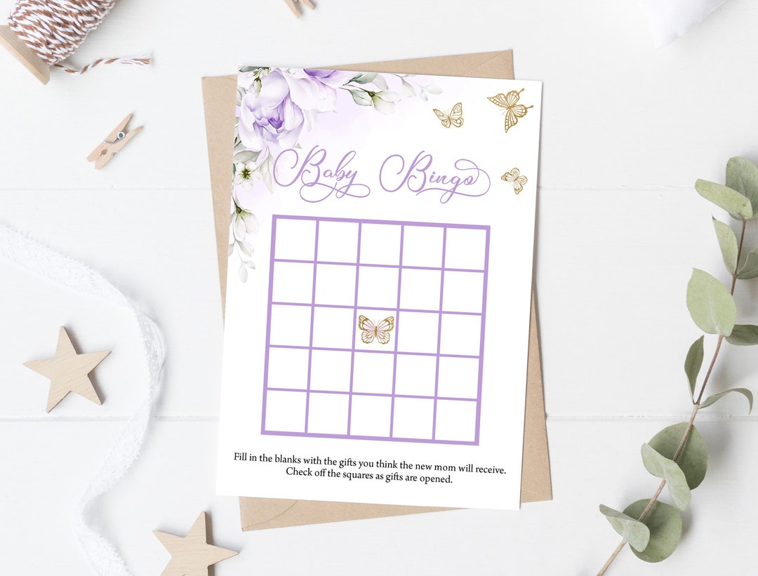 Butterfly Baby Bingo Baby Shower Game Purple Floral Butterfly Bingo ...