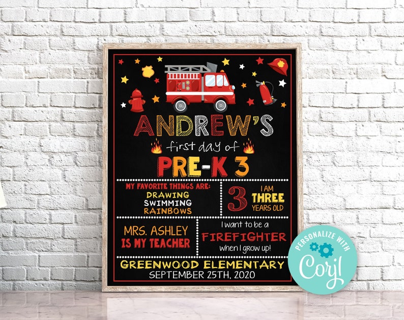 Editable First Day of Pre-k Sign Firetruck First Day of - Etsy
