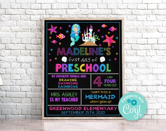 Editable First Day of Preschool Sign Mermaid First Day of | Etsy