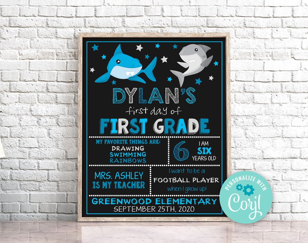 Editable First Day of First Grade Sign, Shark First Day of School Sign ...