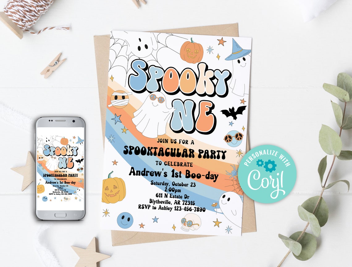 Editable Spooky One Halloween Birthday Invitation Blue Retro Groovy ...