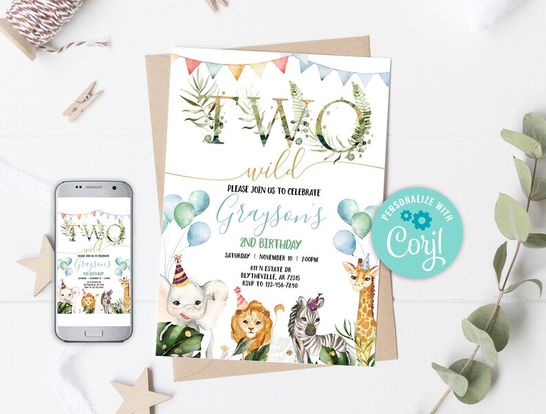 EDITABLE Safari Party Invitation Jungle Two WILD Animal | Etsy