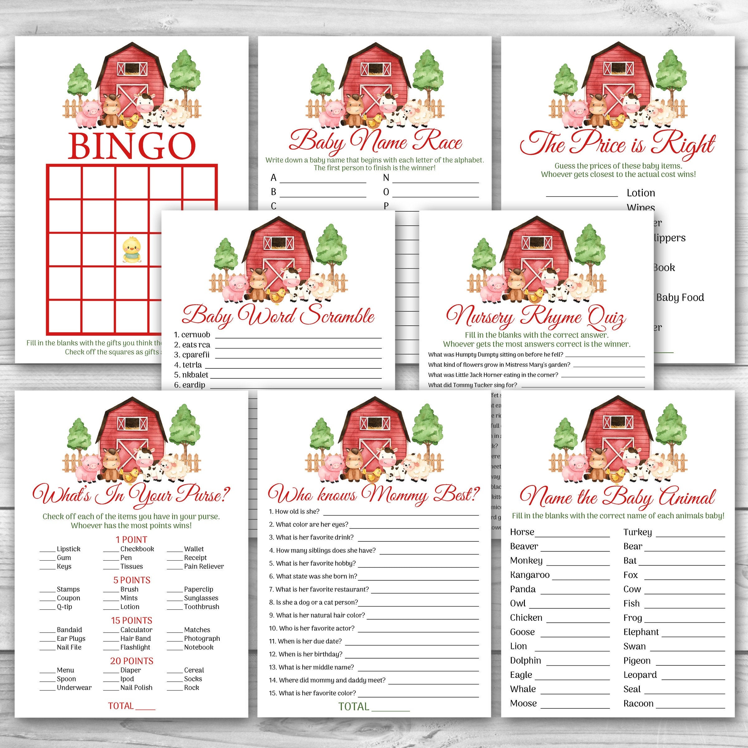 Red Farm Baby Shower Game Package 8 Printable Farm Animals Baby Shower ...
