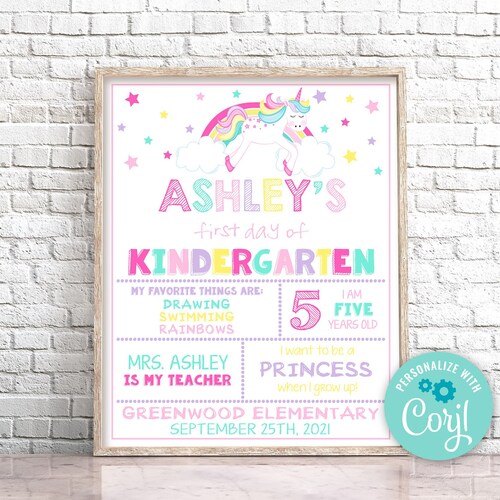 Editable First Day of Kindergarten Sign Unicorn First Day of - Etsy