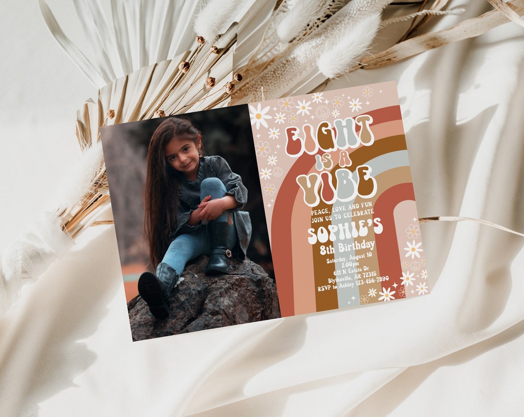 Editable Eight is A Vibe Groovy Birthday Invitation Daisy Hippie 70's ...