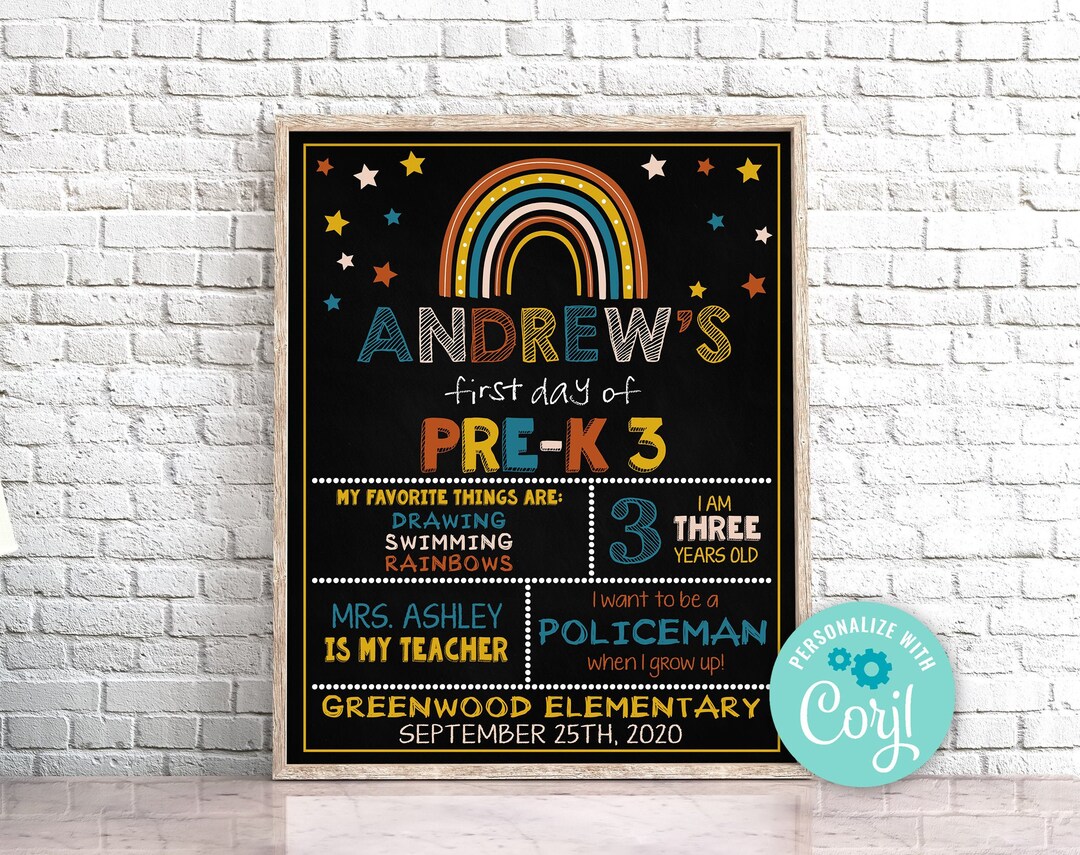 Editable First Day of Pre-k Sign, Boho Rainbow First Day of Pre-k ...