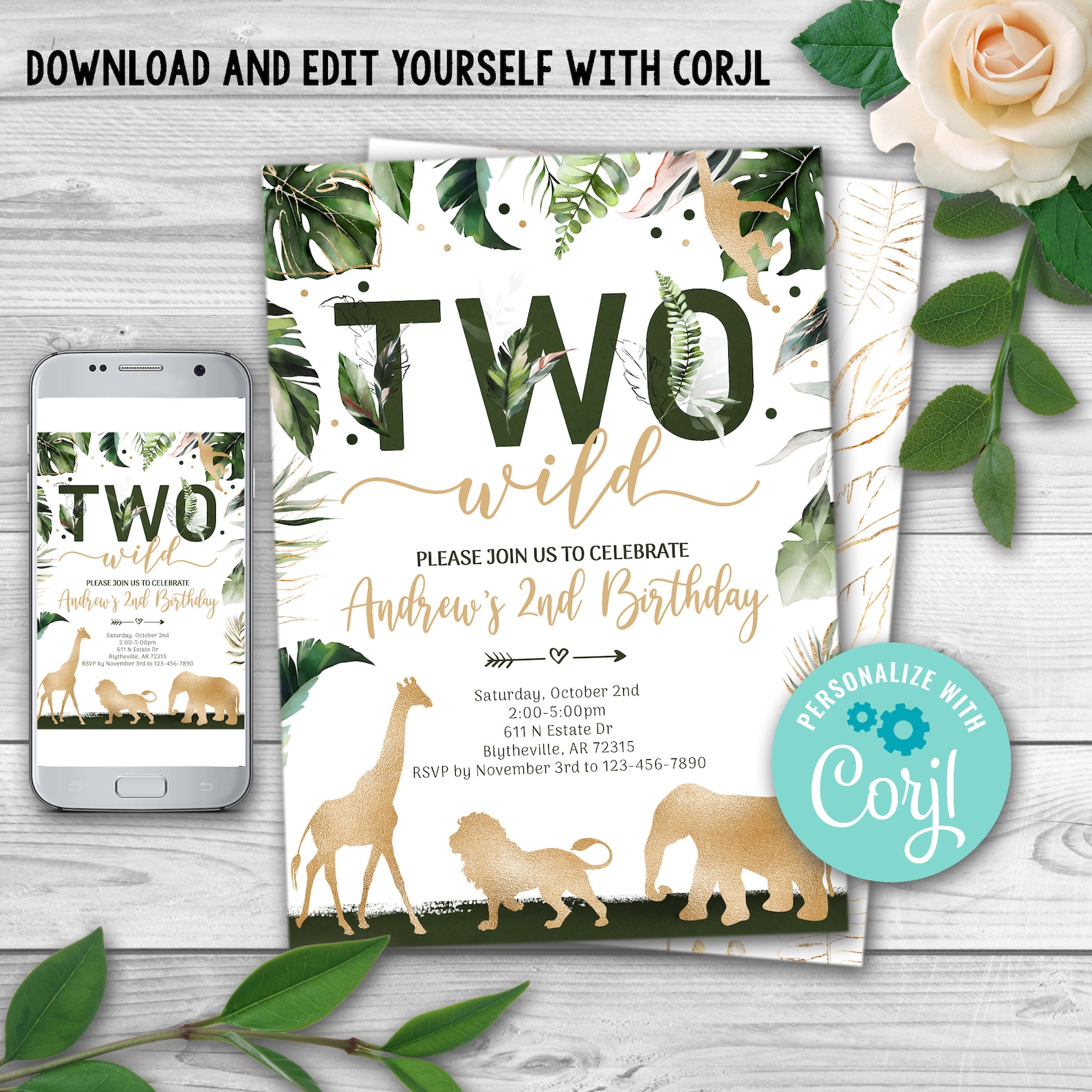 EDITABLE Safari Party Invitation, Jungle Two WILD Animal Invitations ...