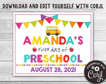 Rainbow First Day of Preschool Sign Printable Girl Back to - Etsy