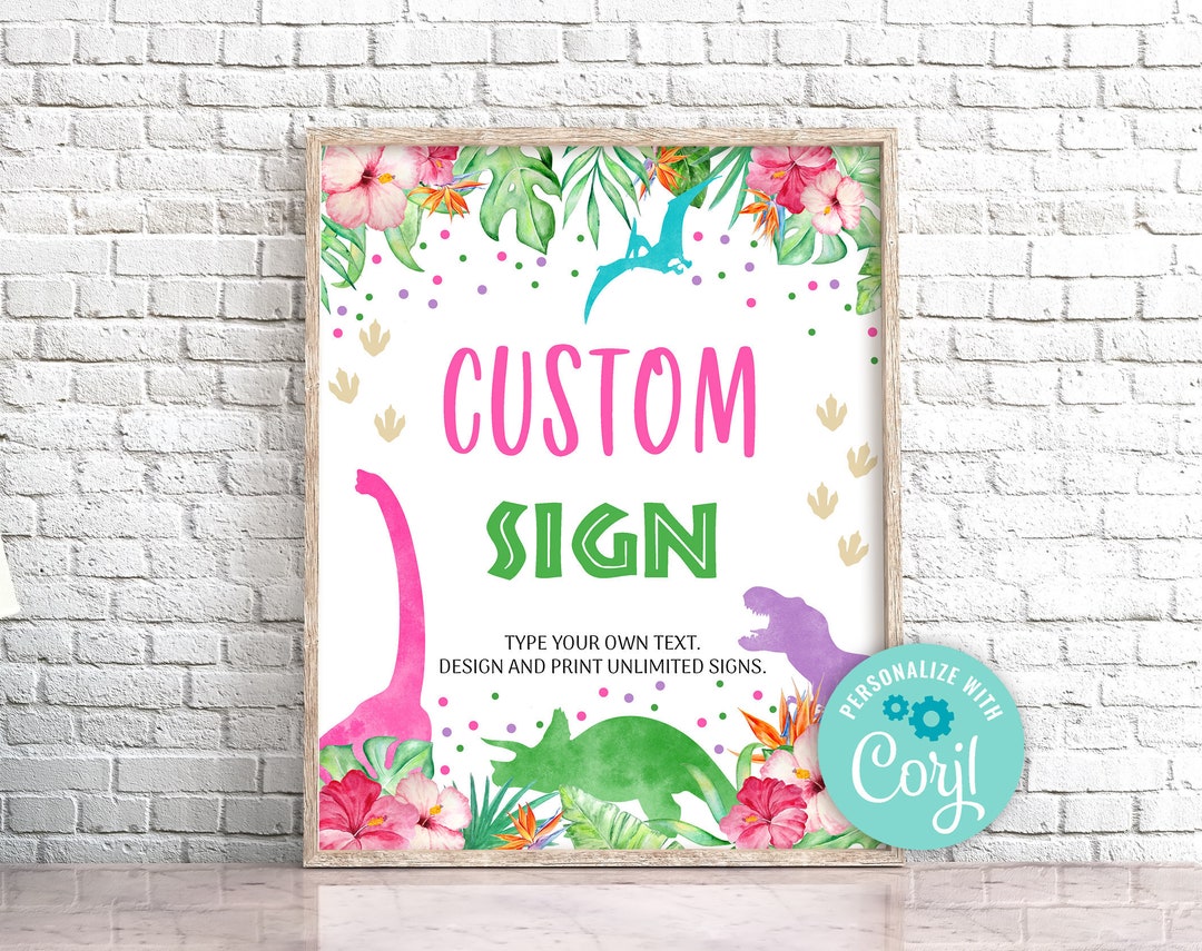 EDITABLE Dinosaur Birthday Table Sign, Pink Dinosaur Sign. Custom ...