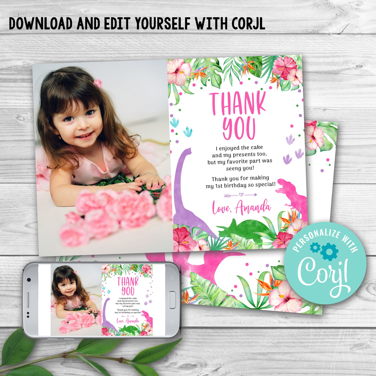 EDITABLE Watercolor Dinosaur Thank You Card Girl Dinosaur Birthday ...