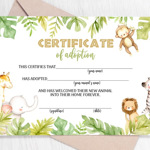 Adopt an Animal Adoption Certificate Safari Animals Wild One - Etsy