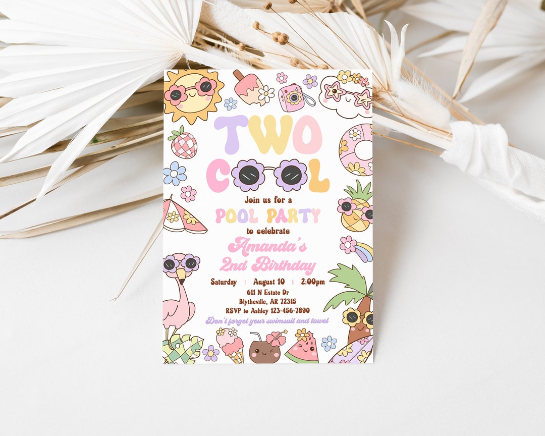 Editable Two Cool Birthday Party Invitation Groovy Pool Party Birthday ...