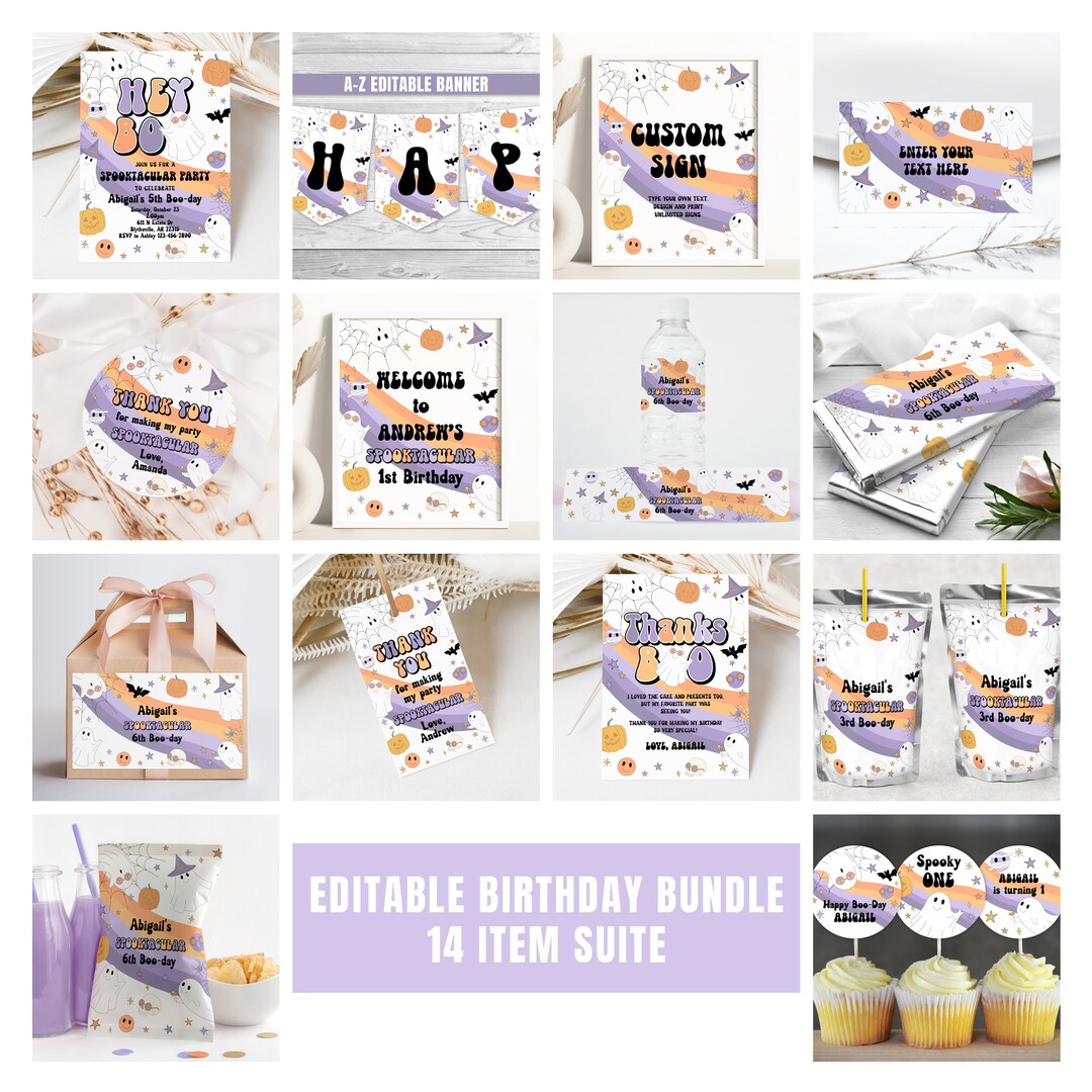 EDITABLE Halloween Birthday Invitation and Bundle Retro Groovy Ghost ...