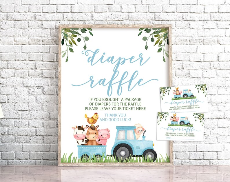 Farm Animals Diaper Raffle Sign Blue Farm Tractor Diaper - Etsy