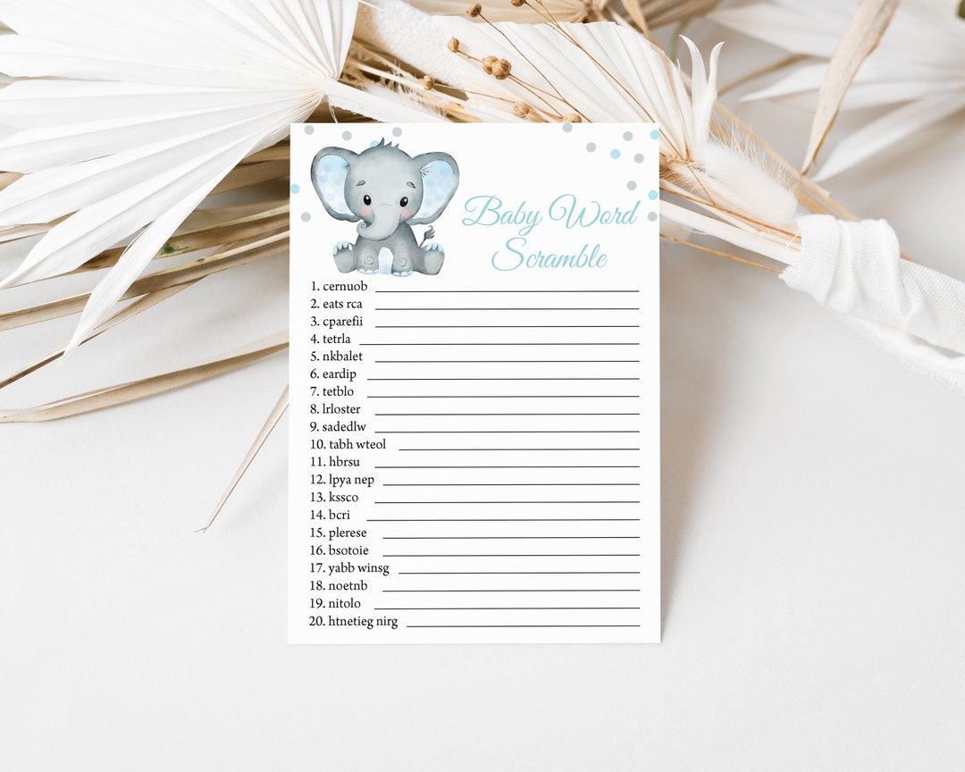Blue Elephant Word Scramble Baby Shower Game Boy Elephant Baby Shower ...